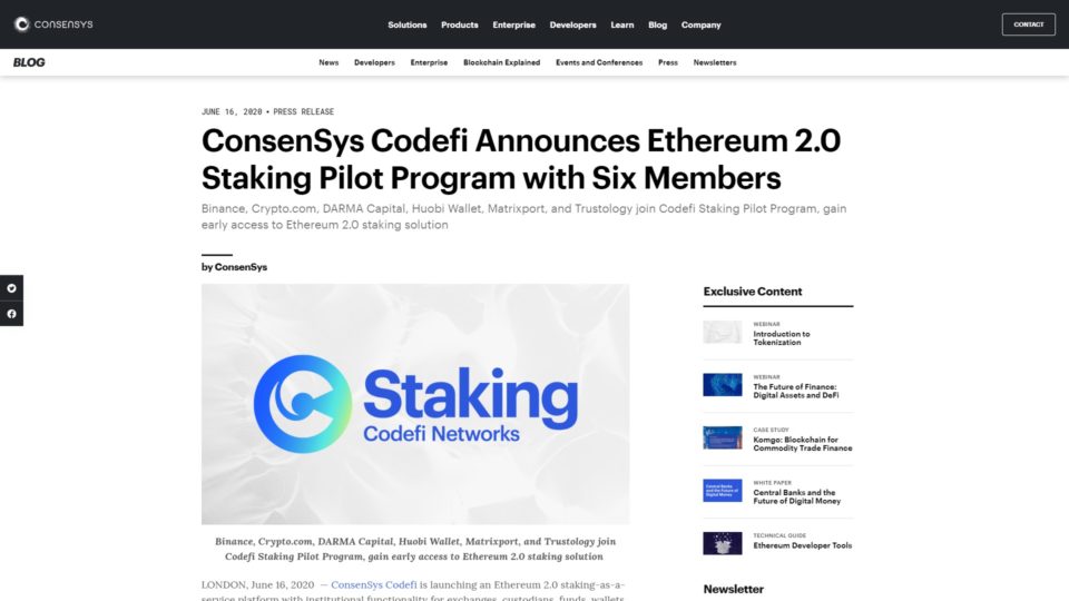 ConsenSys Codefi、Ethereum2.0向けステーキングプラットフォームのパイロットプログラムを発表へ | 仮想通貨 – AppTimes